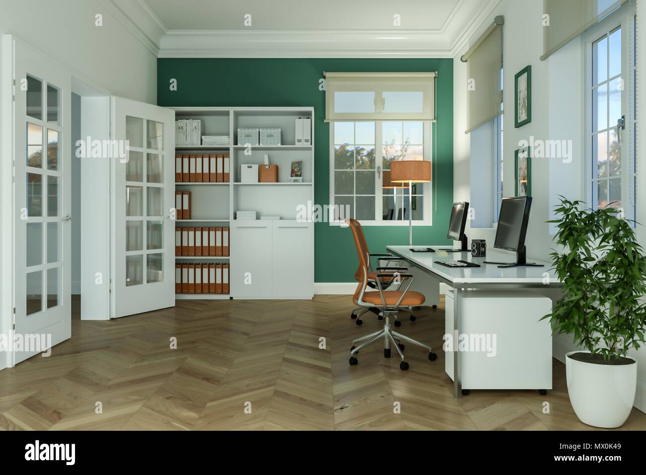 Modern white home office interior design 3d Rendering Stock Photo - Alamy