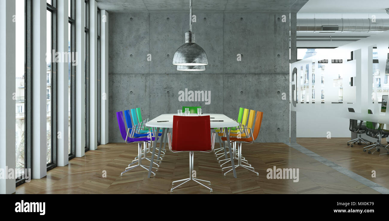 Modern conference table with colored chairs interior design. 3d ...