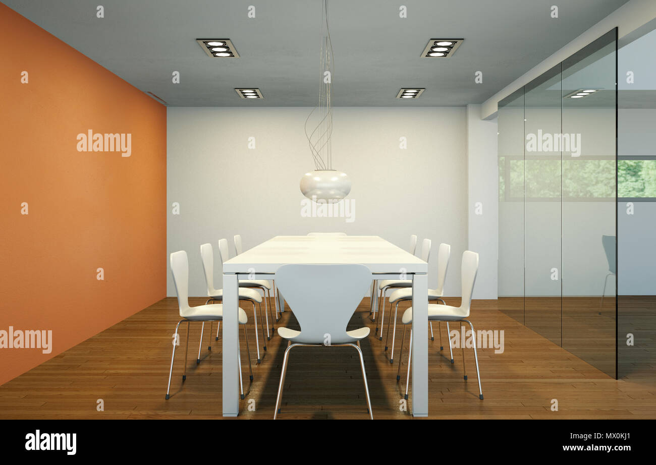 Modern orange dining room interior design big table behind glas Stock ...