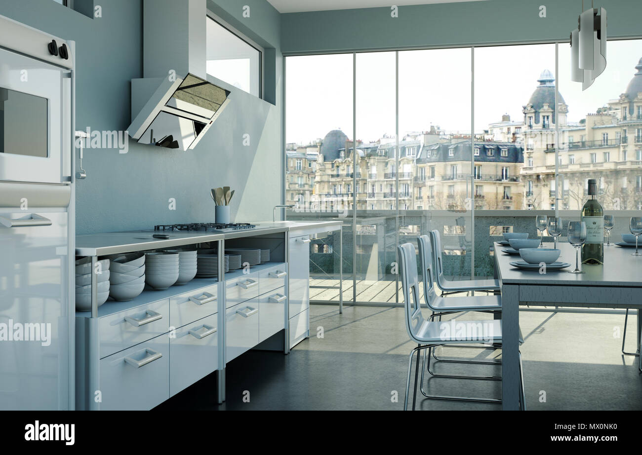 White modern kitchen in a loft with a beautiful design Stock Photo - Alamy