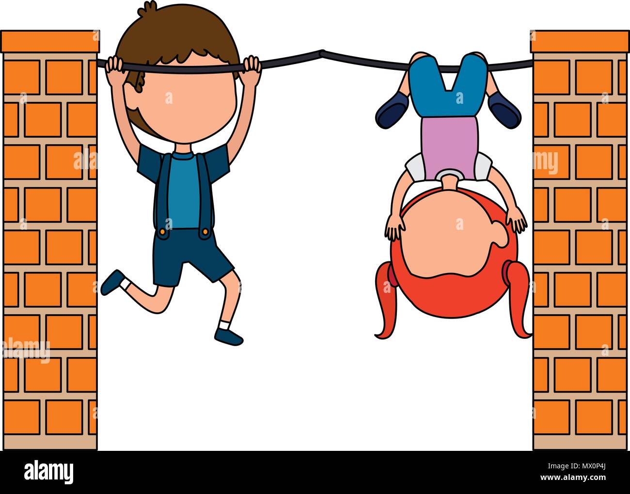 little kids couple hanging in the rope characters vector illustration ...