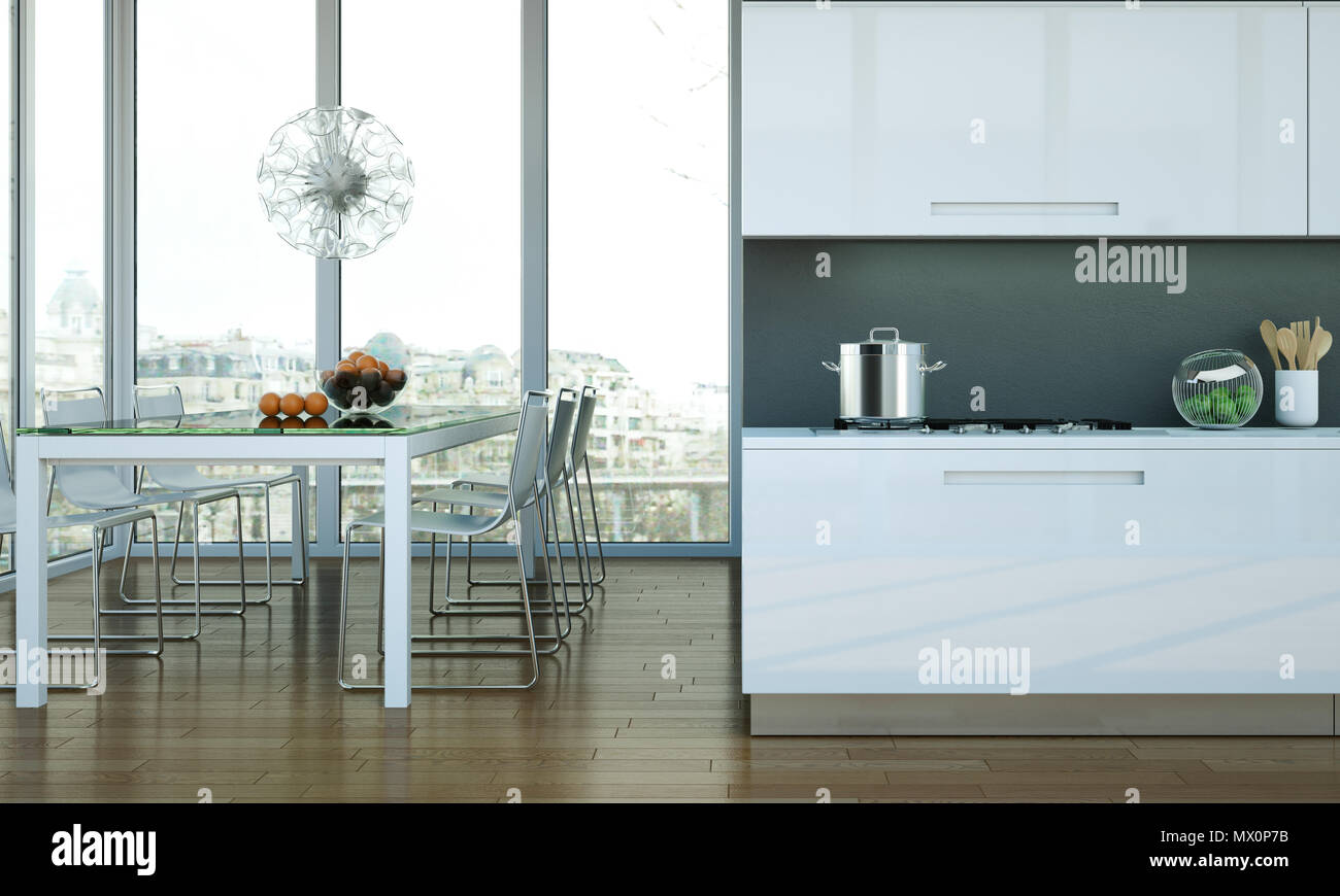 White kitchen in a house with a modern design Stock Photo - Alamy