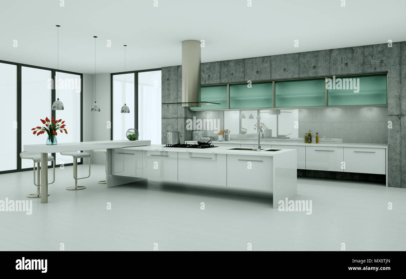 White modern kitchen in a loft with concrete wall Stock Photo - Alamy