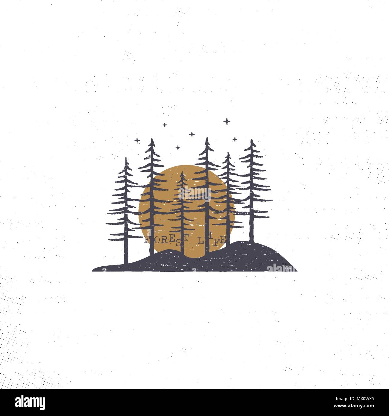 Hand drawn forest with sun concept. Pine trees textured vector ...