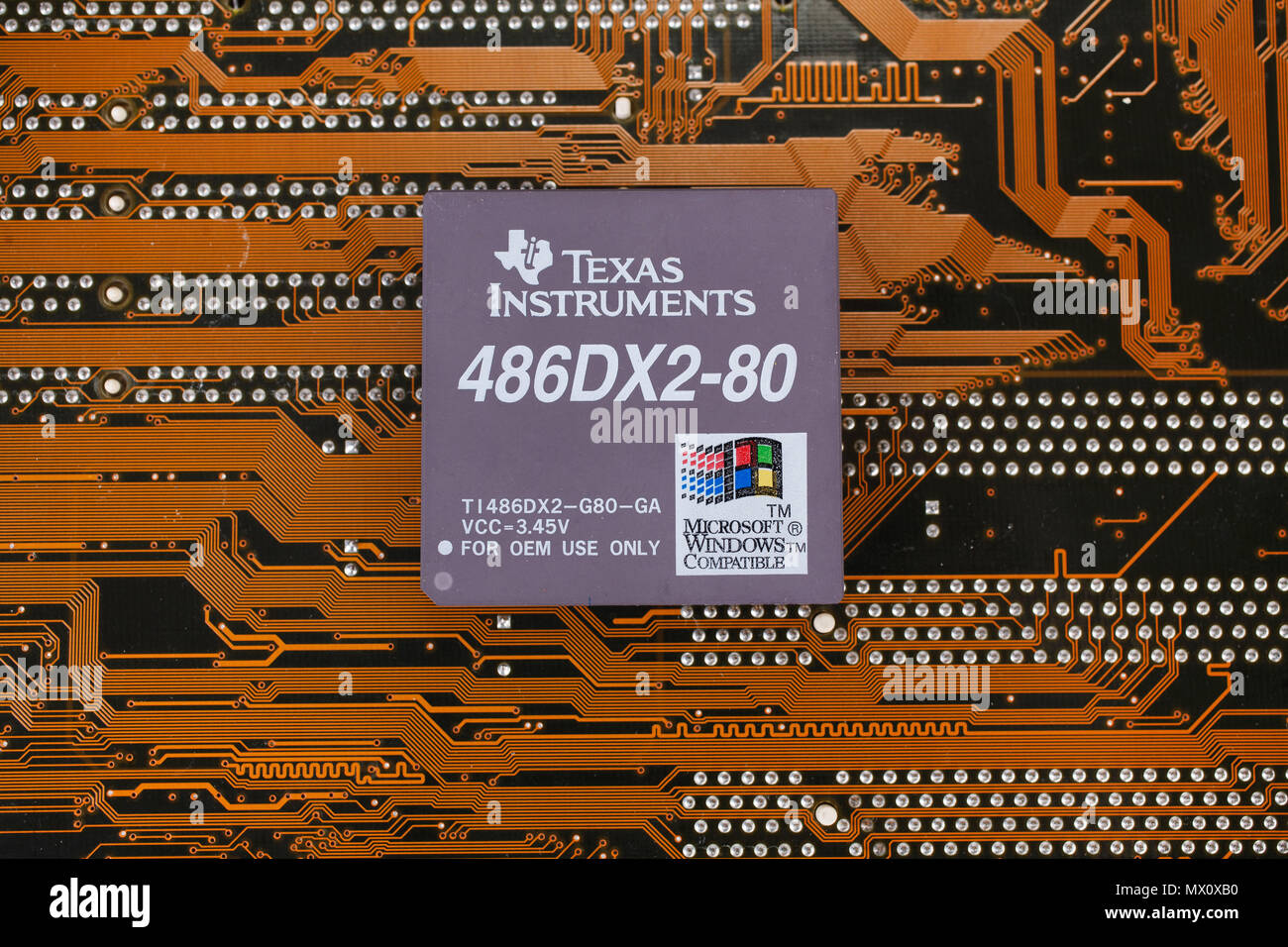 KYIV, UKRAINE - Jan. 28, 2018. Texas Instruments 486DX2 processor on ...