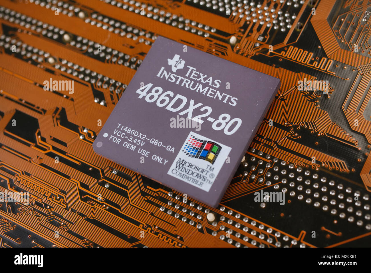 KYIV, UKRAINE - Jan. 28, 2018. Texas Instruments 486DX2 processor on ...