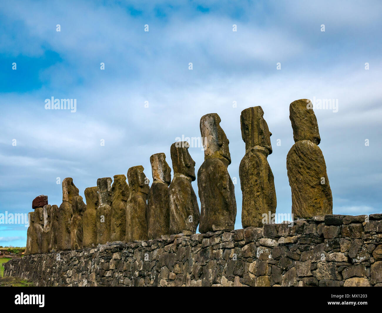Tongariki Moai, largest reconstructed Ahu archaeological site, with red ...