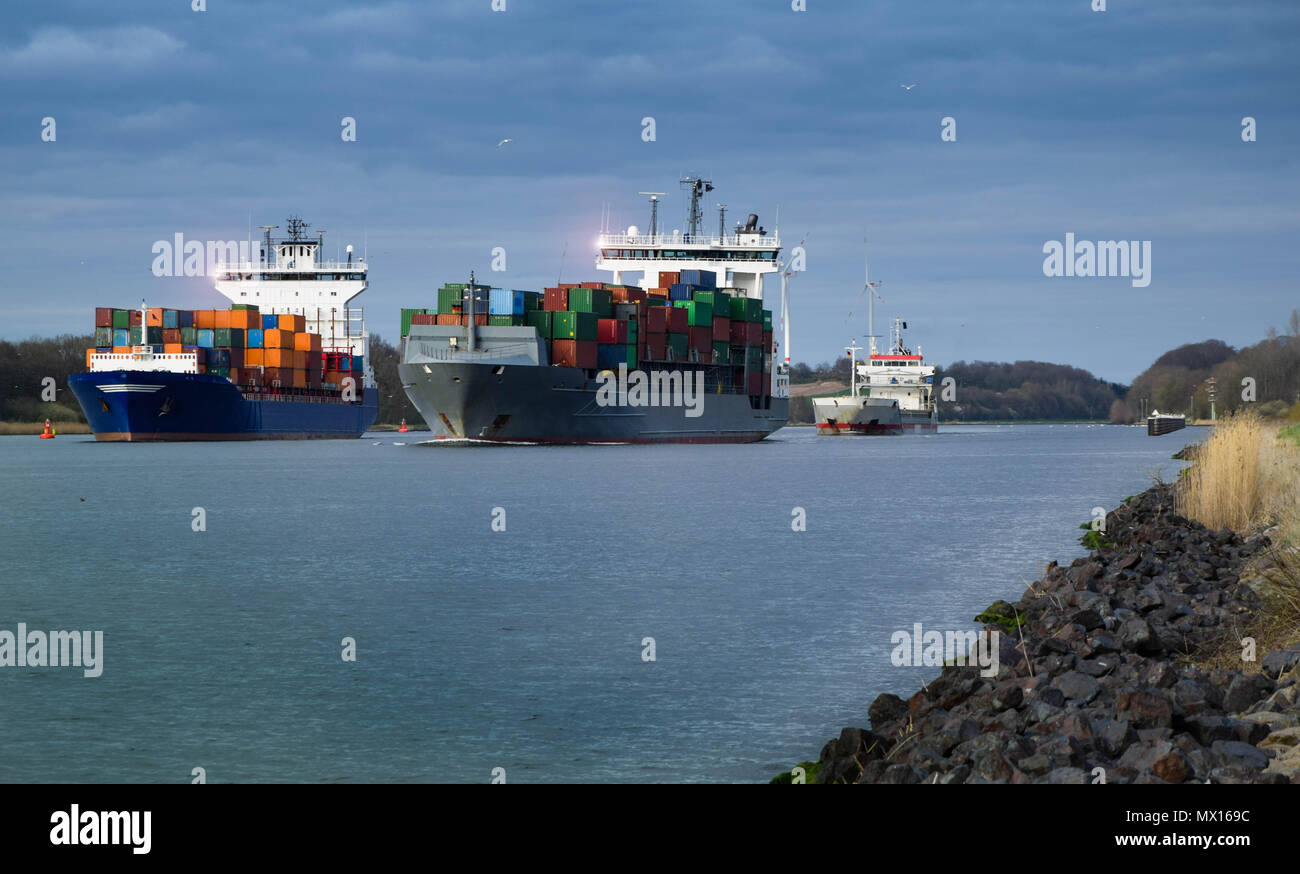 Ships in the canal. Different perspective and ship types. Passenger and ...