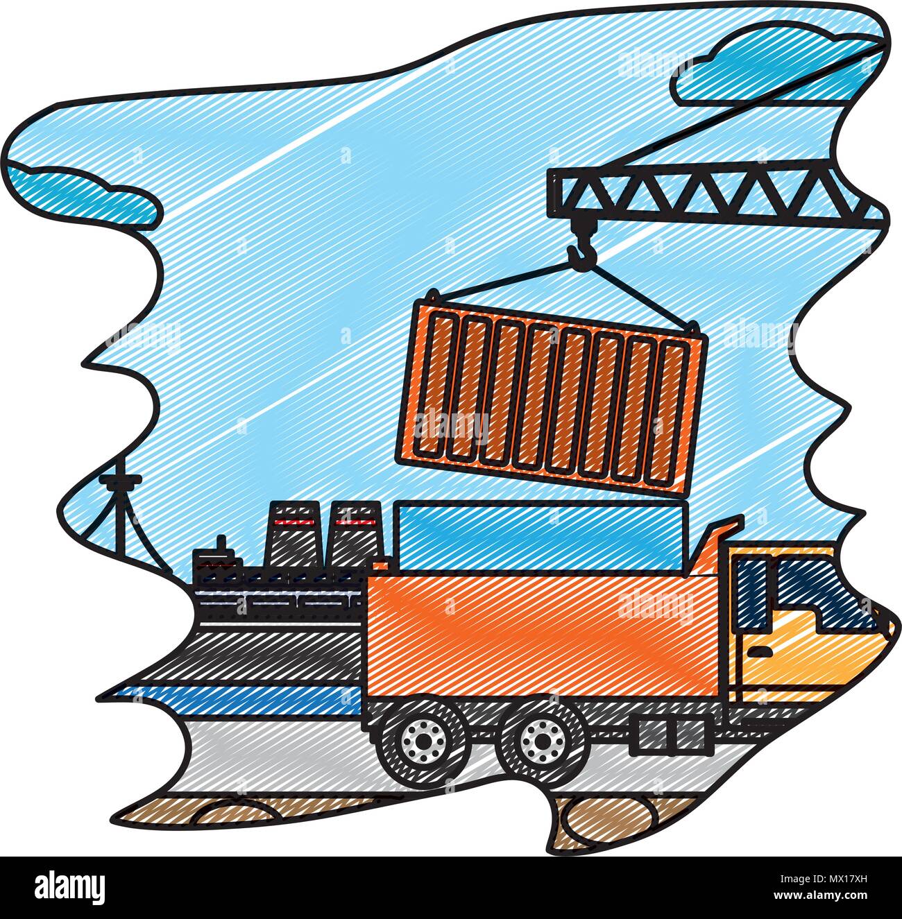 doodle delivery service ship and truck containers with crane Stock ...