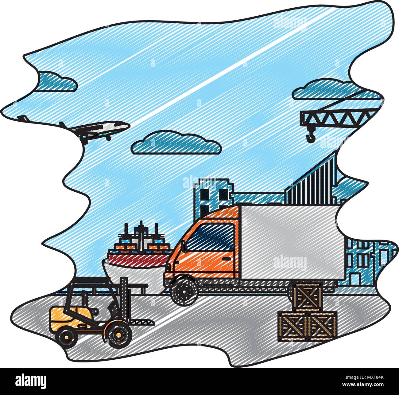 doodle delivery service transportation and pulleys construction Stock ...