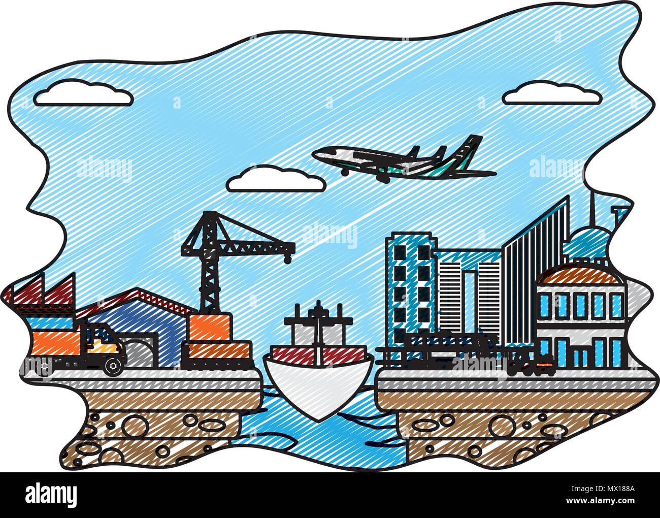 doodle delivery service transport vehicles and crane Stock Vector Image ...