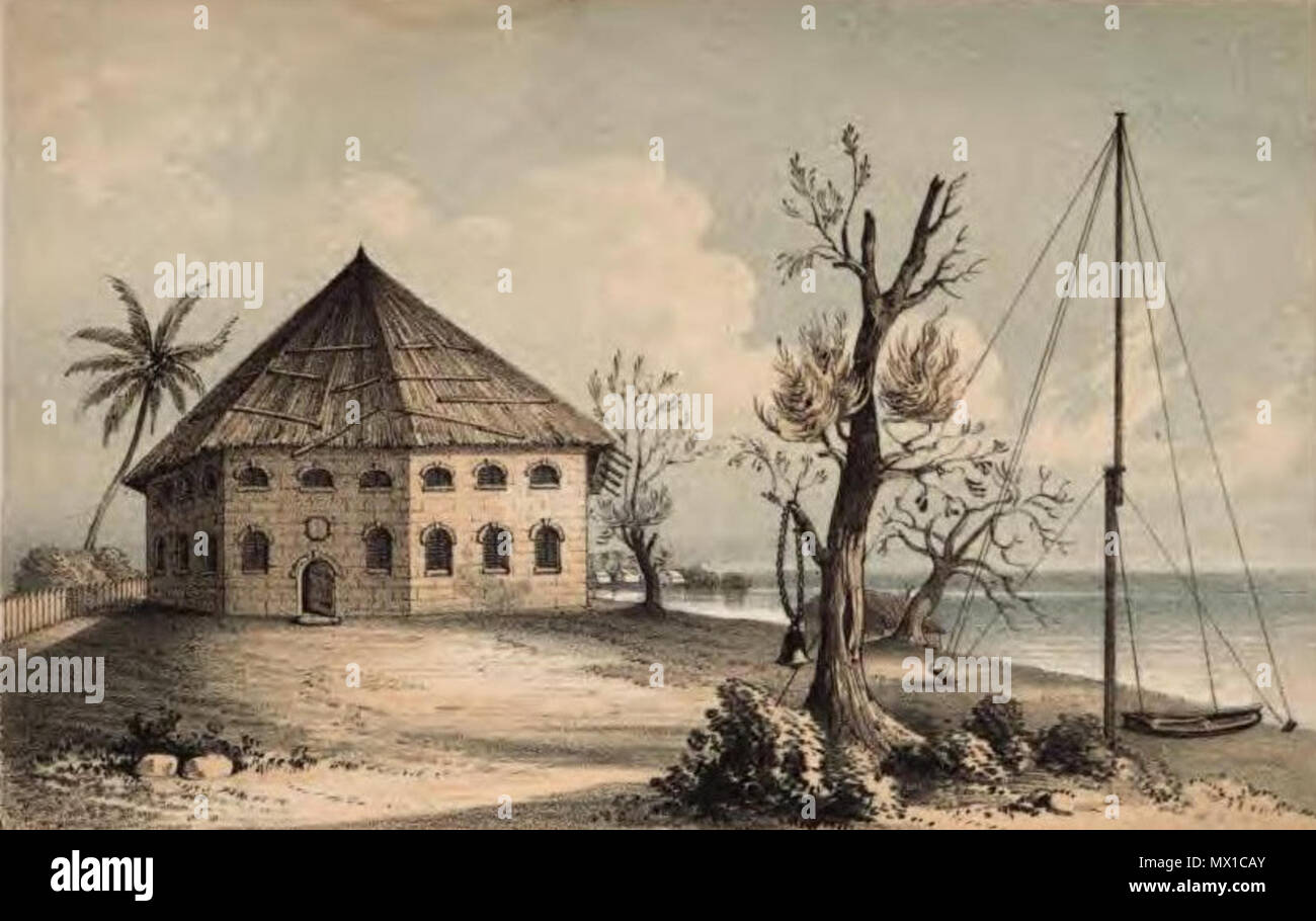 . English: The Native Church at the Island of Moorea. circa 1851. E. L ...