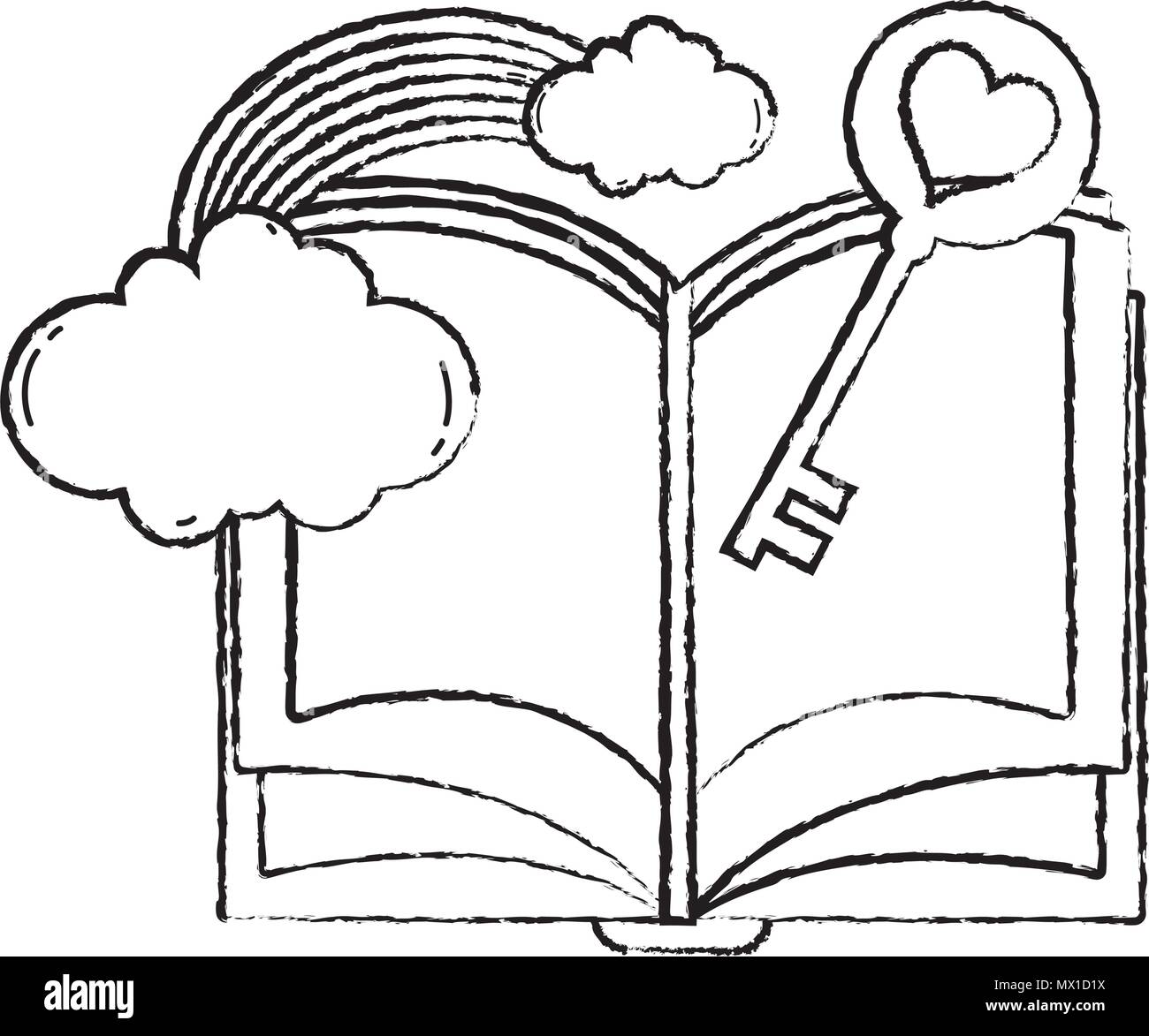 grunge open book with heart key and rainbow clouds Stock Vector Image ...