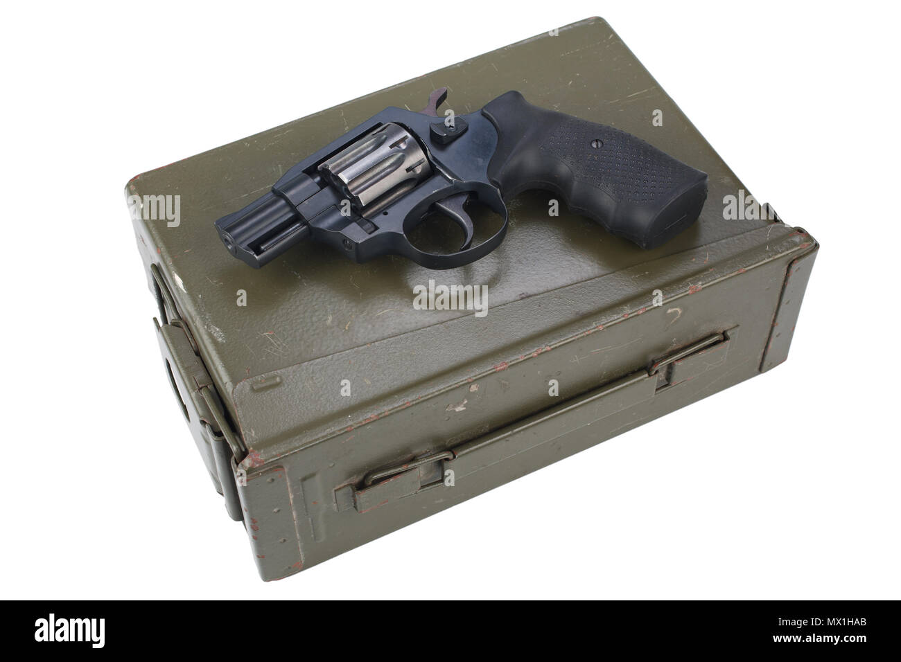 Revolver on the ammunition box Stock Photo - Alamy