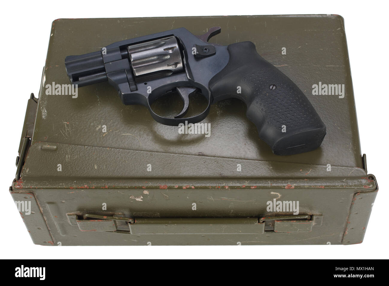 Revolver on the ammunition box Stock Photo - Alamy