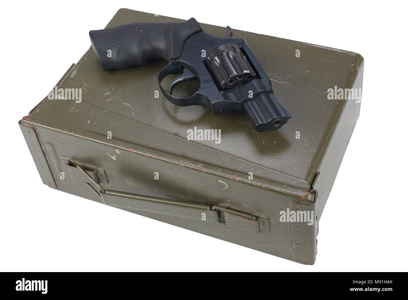 Revolver on the ammunition box Stock Photo - Alamy