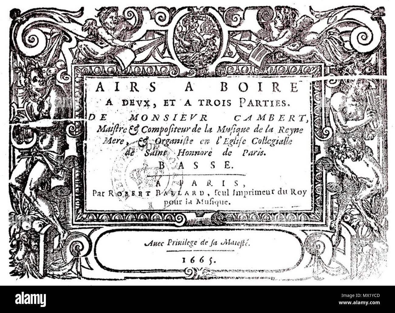 . Français : Title page of Cambert's Airs à boire (Paris, 1665) . 1665 ...