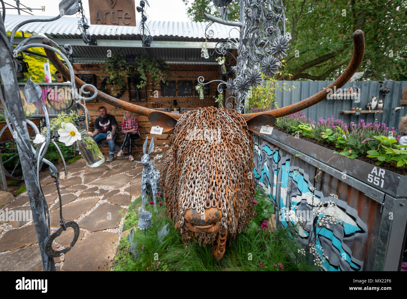 A handmade metal Highland cow on display at the RHS Chelsea Flower Show ...