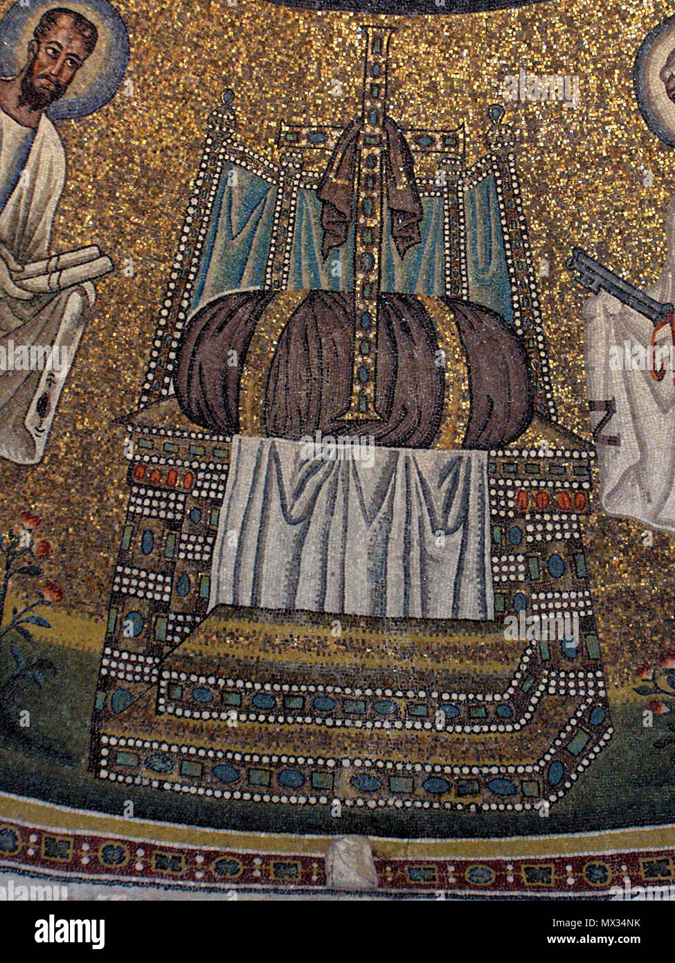 . Throne with a jeweled crucifix resting on a purple cushion; Baptistry ...