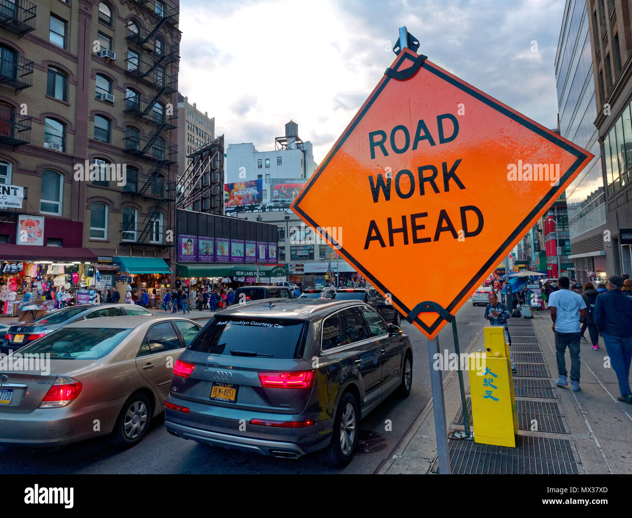 New York City, USA - April 2018: Road Work Ahead Sign in Manhattan ...