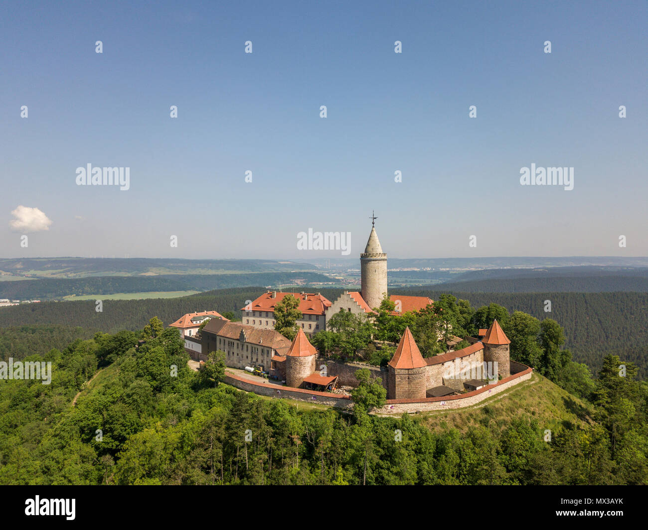 Aerial view of Leuchtenburg castle in Thuringia, Germany Stock Photo ...