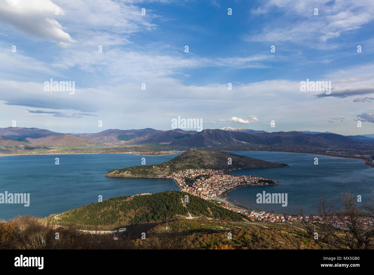 Aerial view of Orestiada lake and Kastoria, a city in northern Greece ...