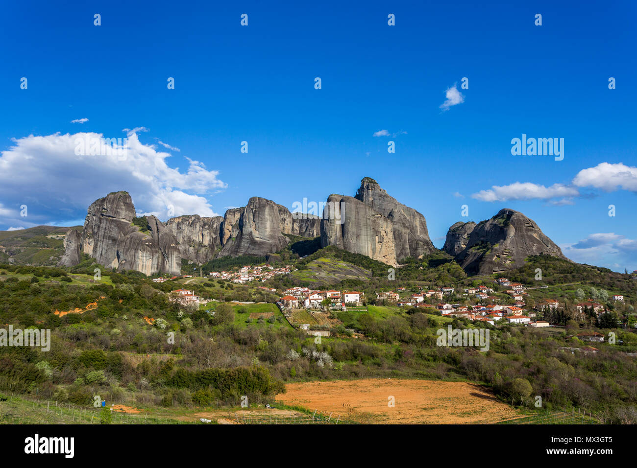 Panorama of the Meteora, a rock formation in central Greece Stock Photo ...