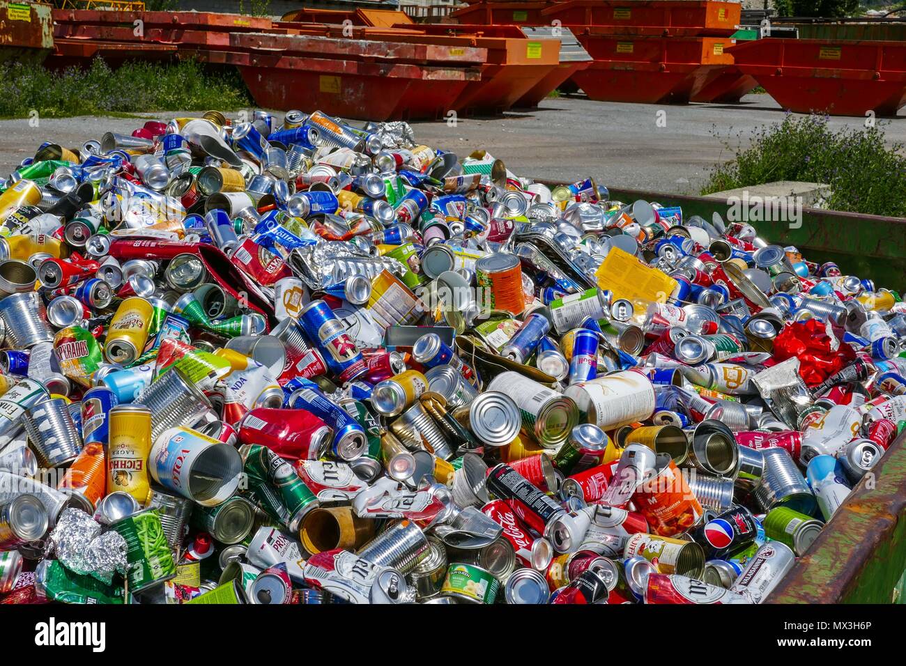 Aluminium and steel cans in a skip ready for recycling, Brig ...