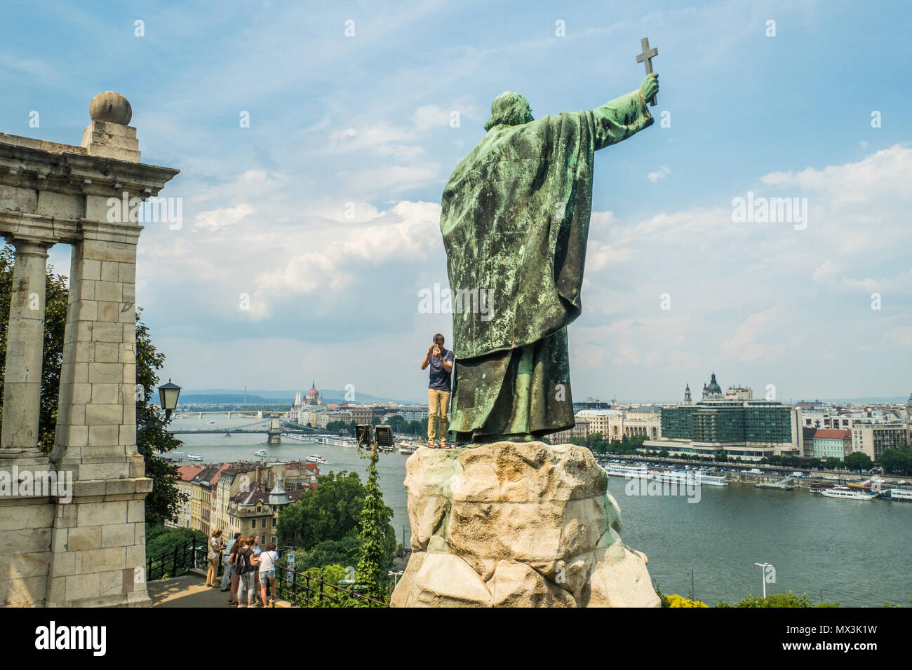 Statue overlooking Budapest on the River Danube, Hungary Stock Photo ...