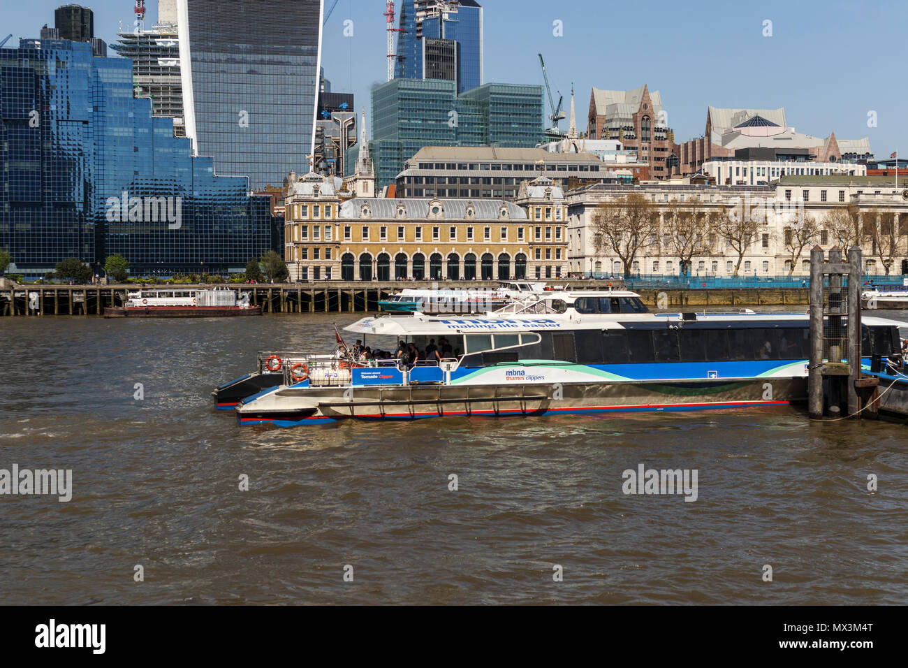 MBNA Thames Clipper Tornado Clipper at London Bridge City Pier, Old ...