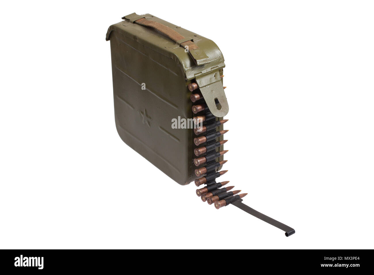 ammo bullet case with chain of ammo on white background Stock Photo - Alamy