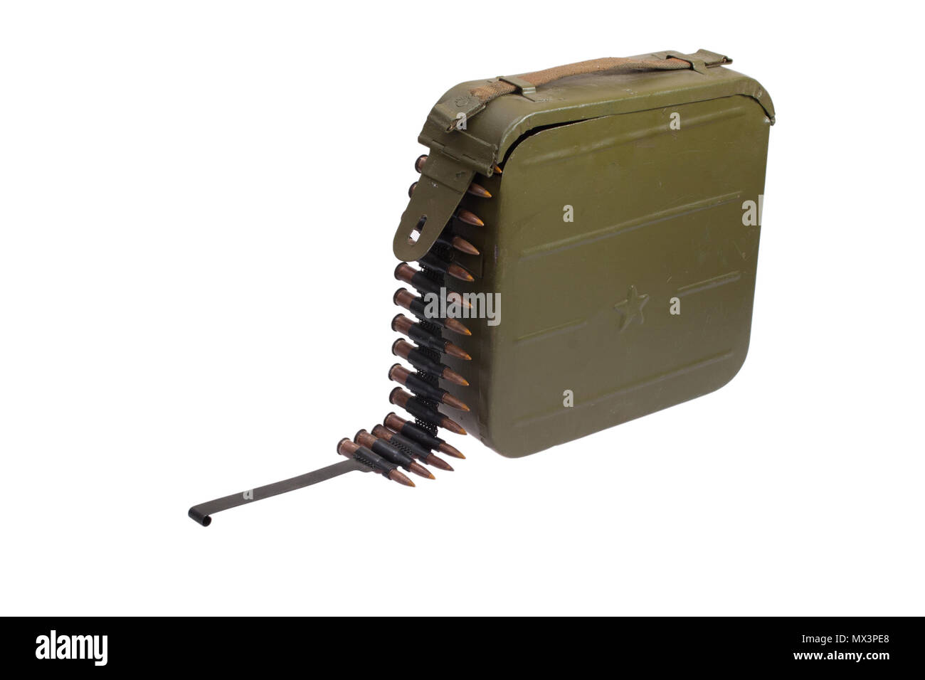 ammo bullet case with chain of ammo on white background Stock Photo - Alamy