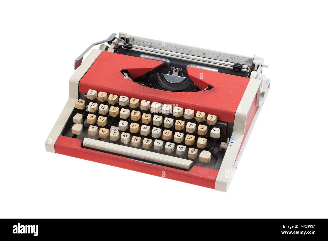 Retro typewriter with cyrillic keyboard layout isolated on white ...