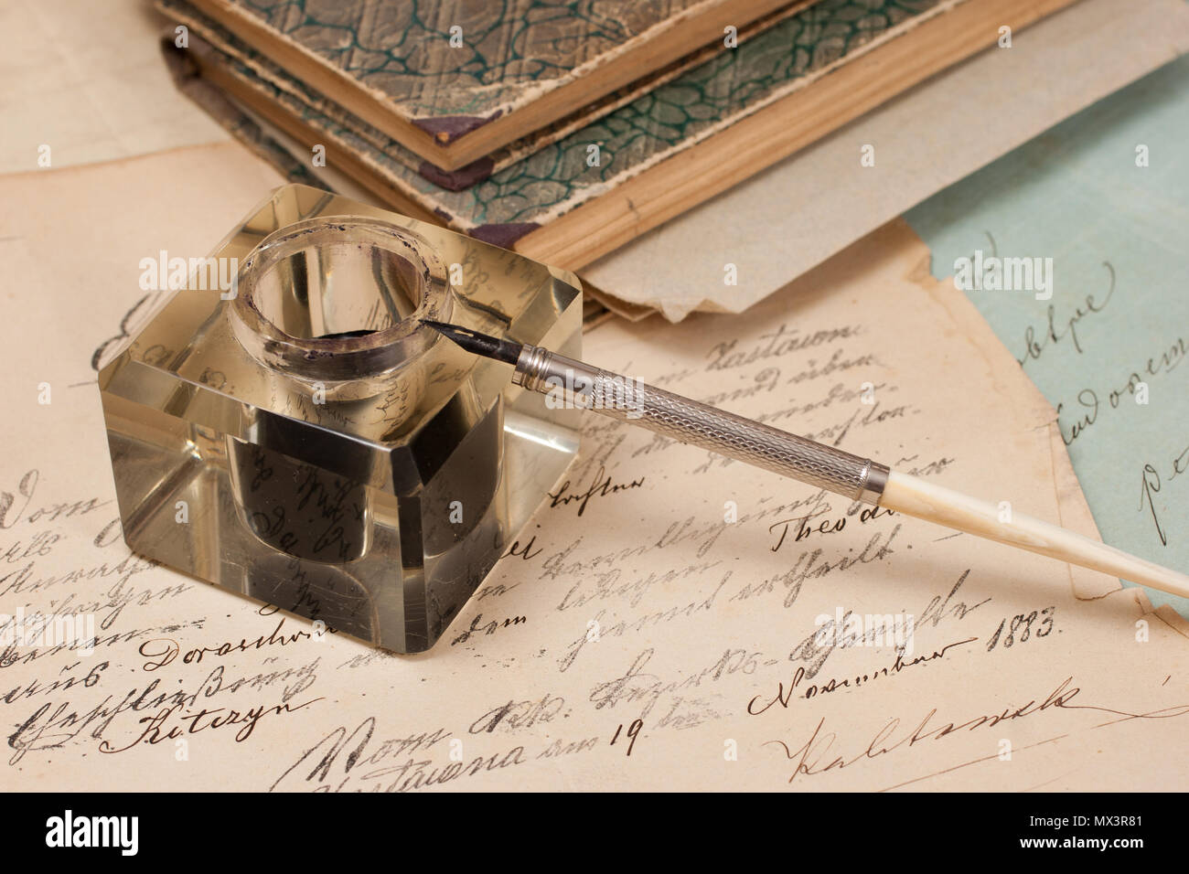 Vintage background with old paper, old ink pen, handwrite letters and ...