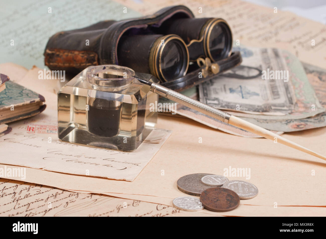 Vintage background with old paper, old ink pen, handwrite letters ...