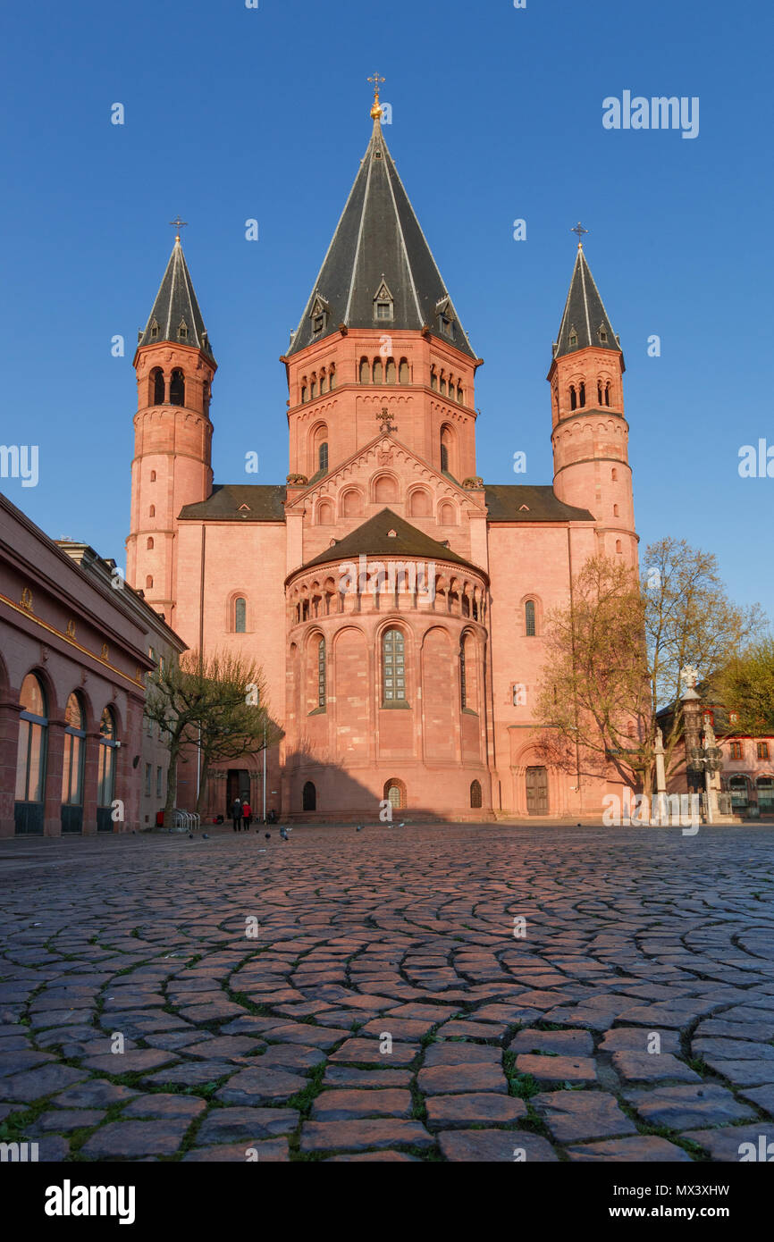 Historic Mainz Cathedral after sunrise in front of a blue sky Stock ...