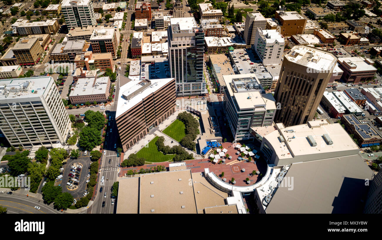 Popular square in downtown Boise aerial view from above with tall ...
