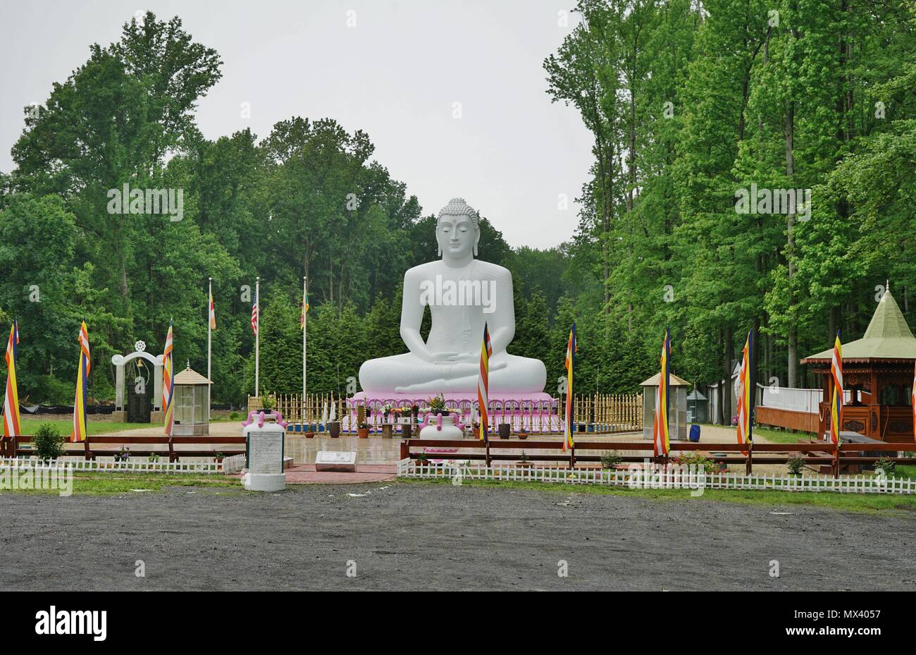 View of the giant white Buddha statue at the New Jersey Buddhist Vihara ...