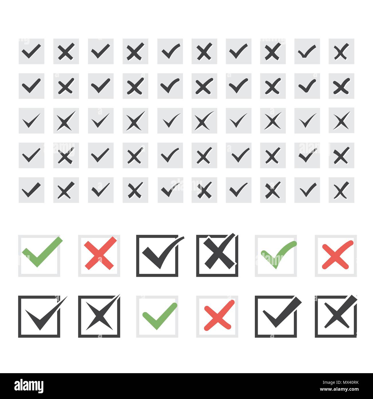 Set of twenty-five different black vector ticks or check marks and reject icon set in gray ...
