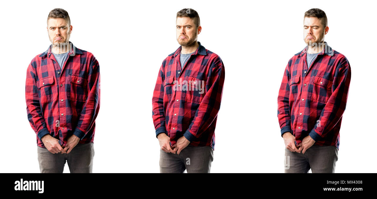 Young man with sad and upset expression, unhappy isolated over white ...