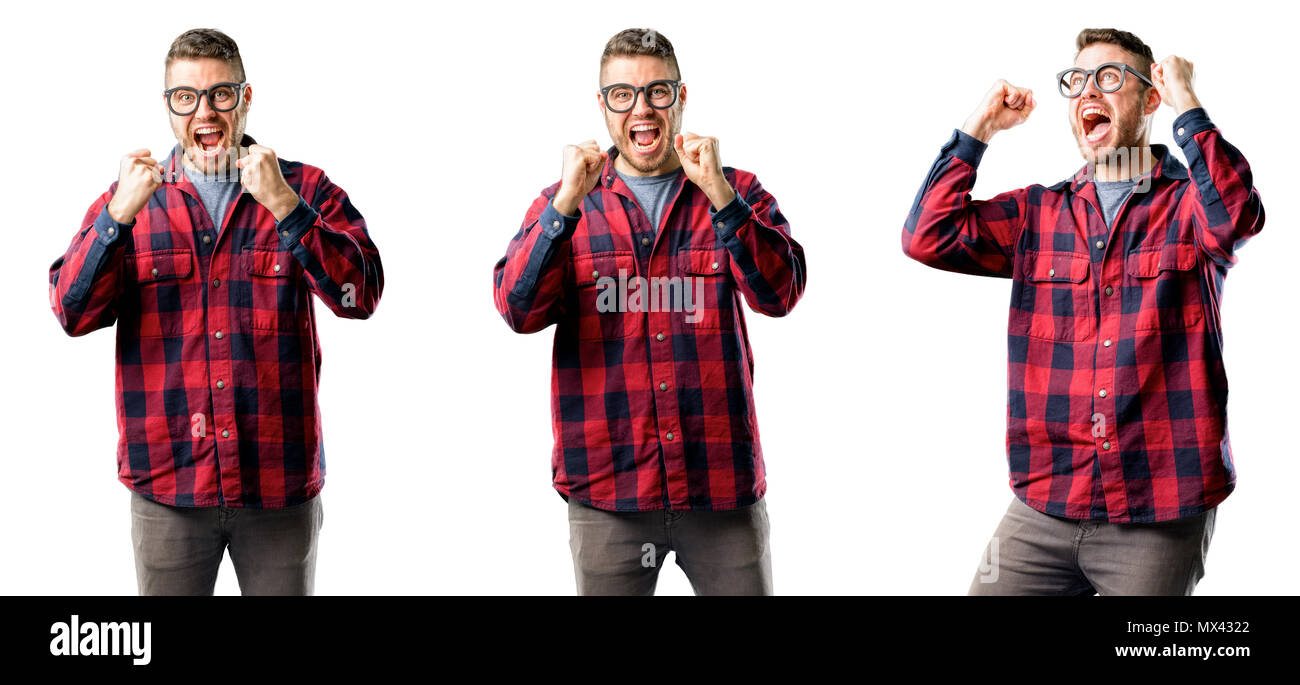 Young man happy and excited expressing winning gesture. Successful and ...