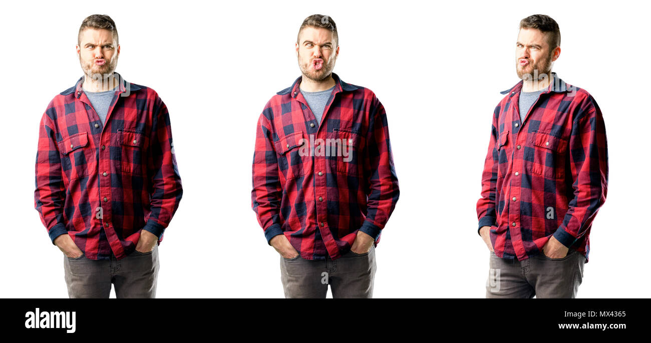 Young man making funny face fooling isolated over white background ...