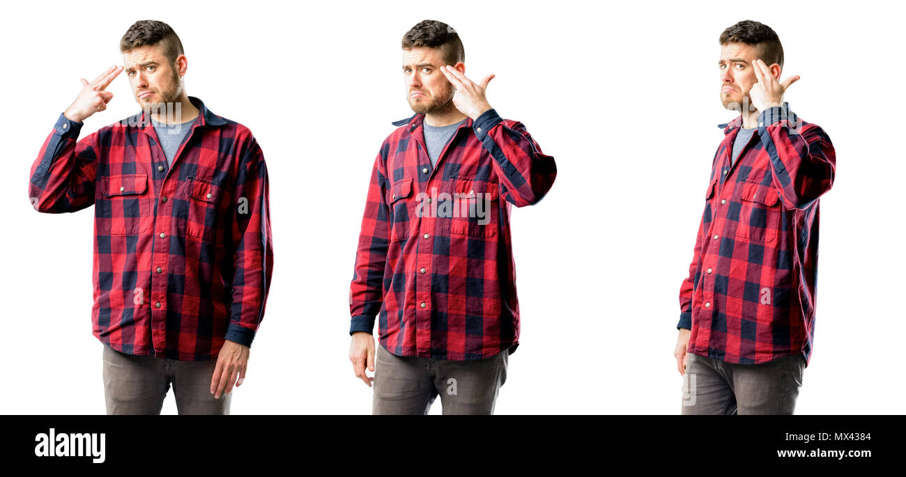 Young man unhappy making suicide gesture, tired of everything. Shoots ...