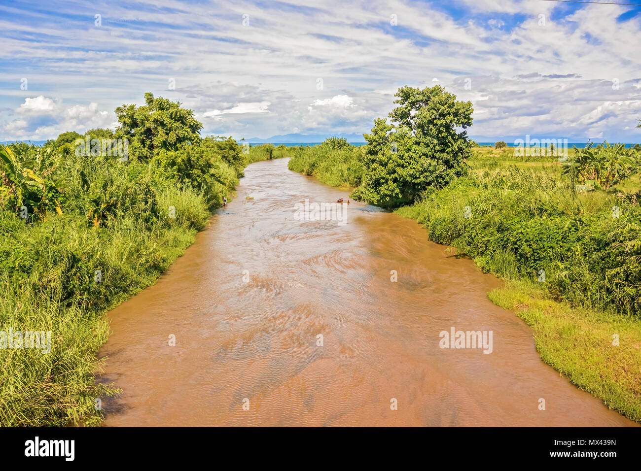 Landscape view at the river running to lake Malawi in Karonga in Malawi ...
