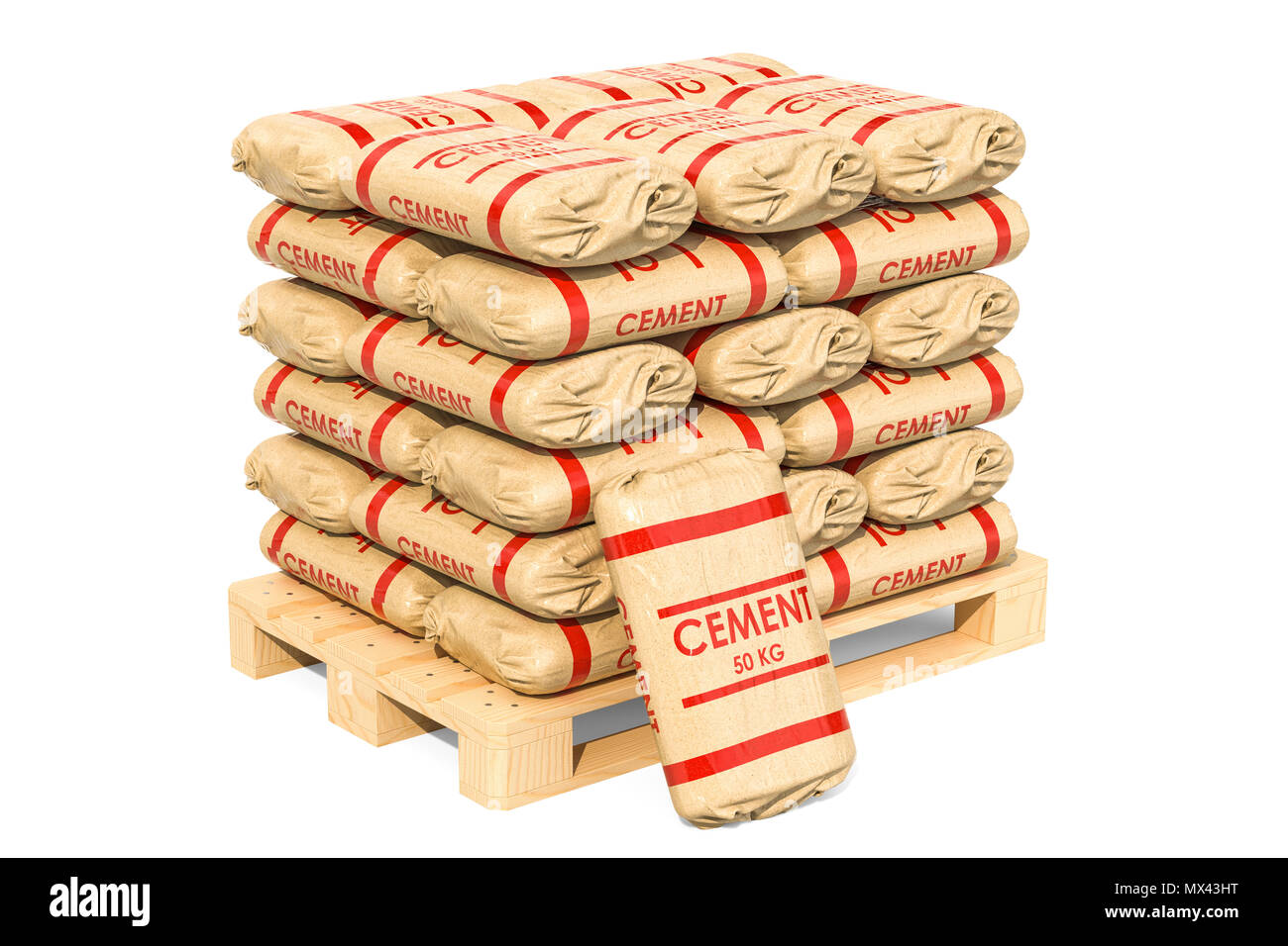 Bags with cement on pallet, 3D rendering isolated on white background ...