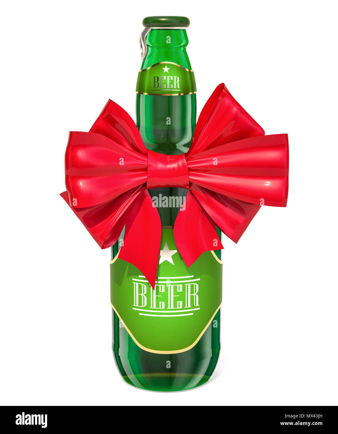 Beer bottle with red bow, 3D rendering isolated on white background ...