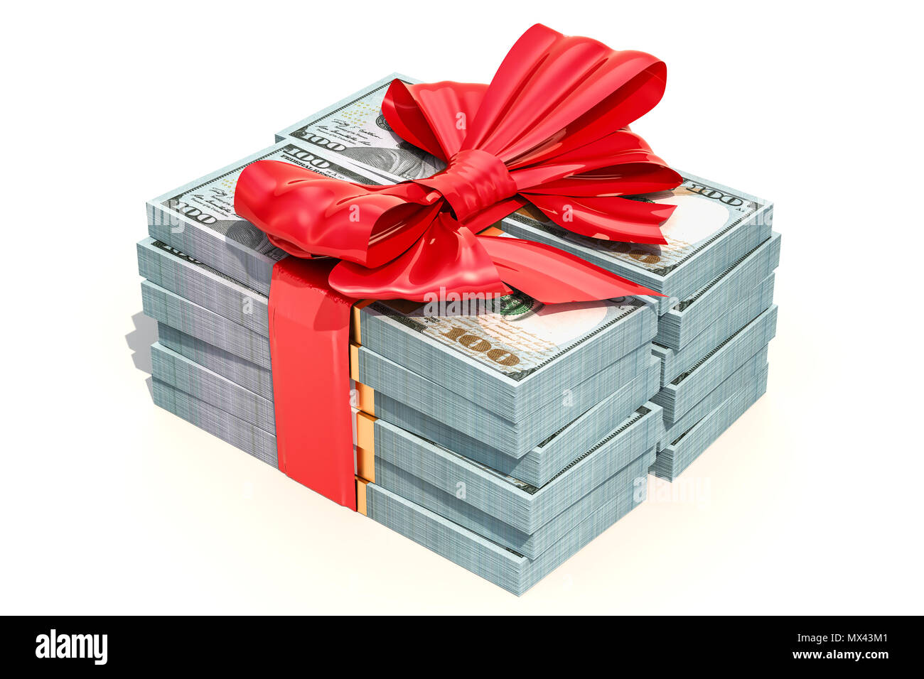 Dollar packs with red bow, gift concept. 3D rendering isolated on white ...