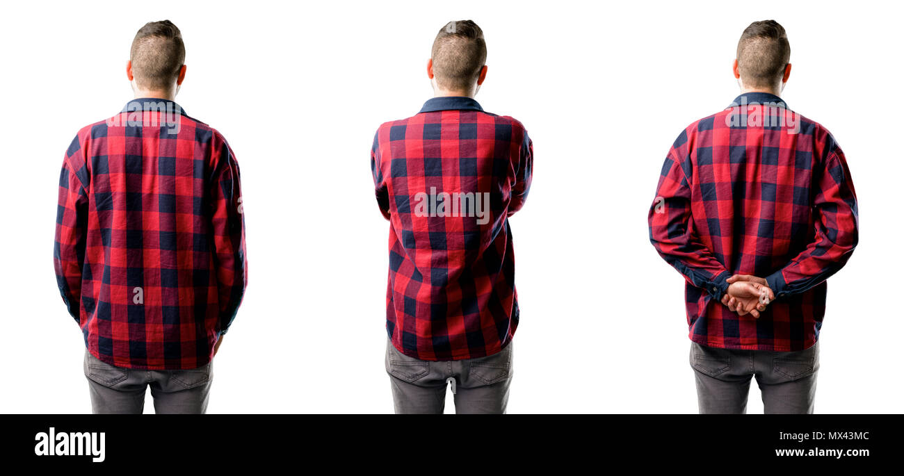 Young man backside, rear view isolated over white background, collage ...