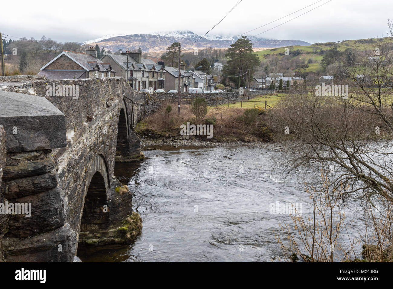 Stone bridge in the Pintoresque village of Dolwyddelan in the Snowdonia ...