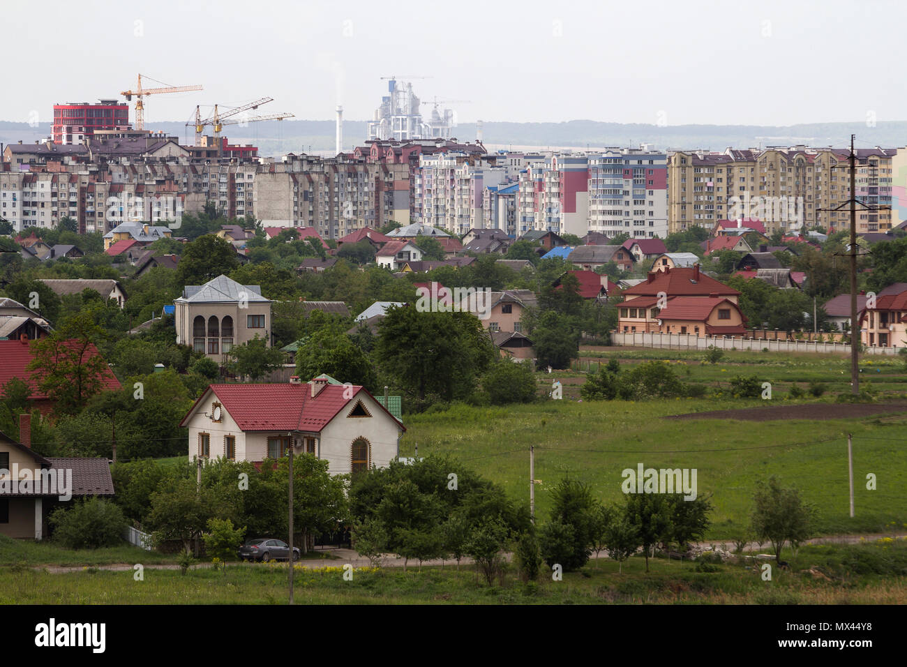 Wide beautiful summer panorama of quiet suburban area with nice ...